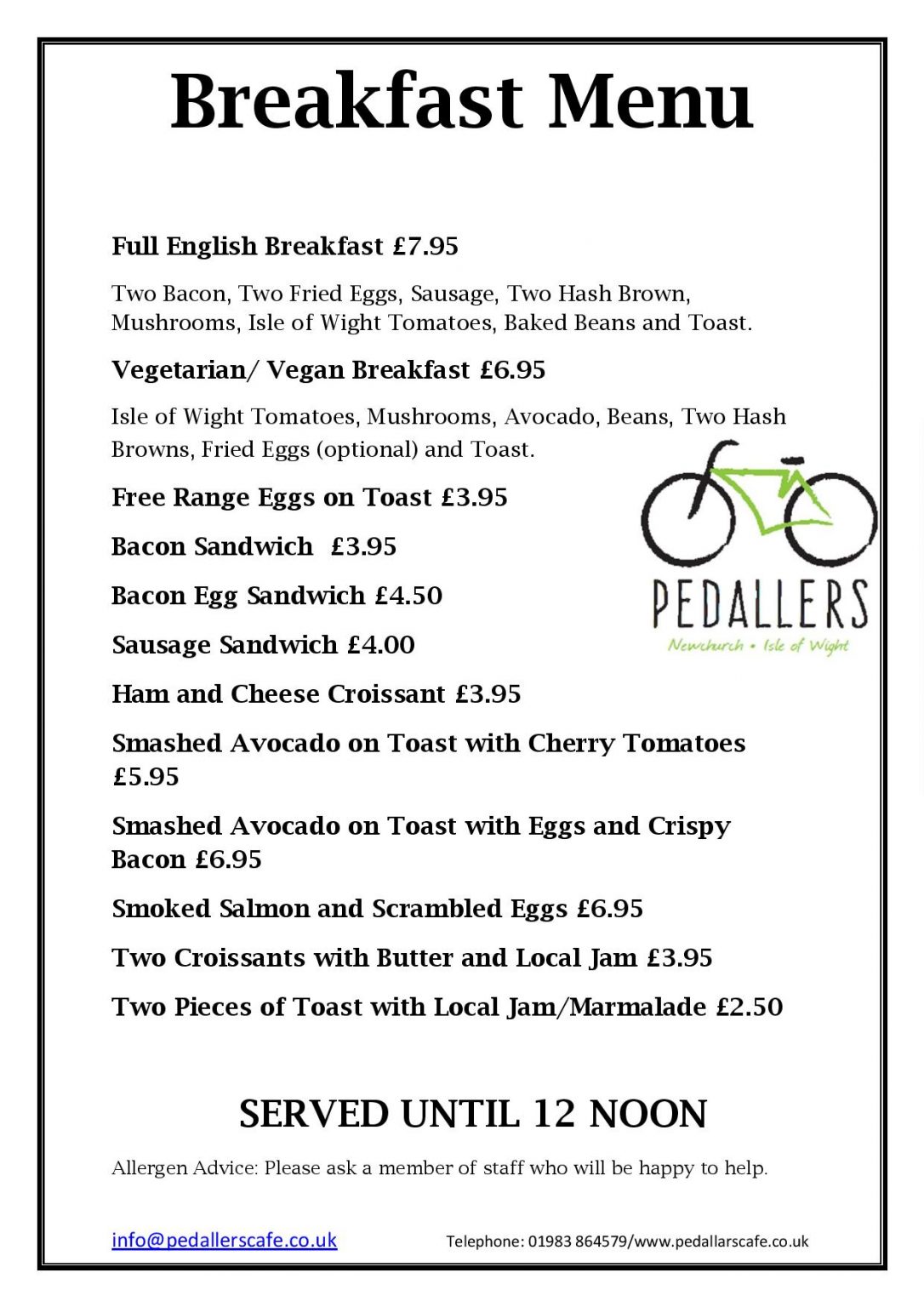 Menu - Pedallers Cafe