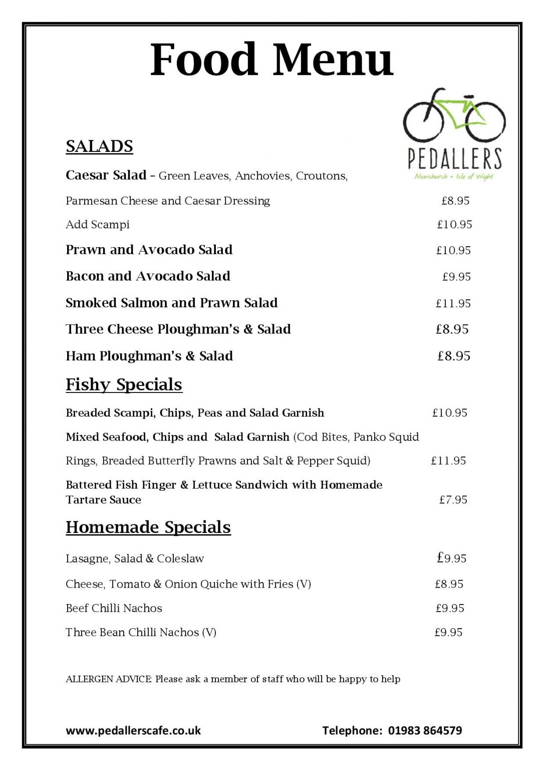 Menu - Pedallers Cafe