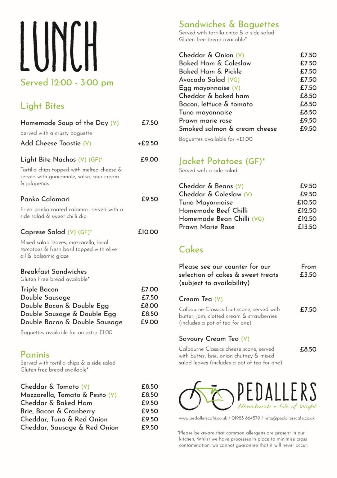 Menu - Pedallers Cafe